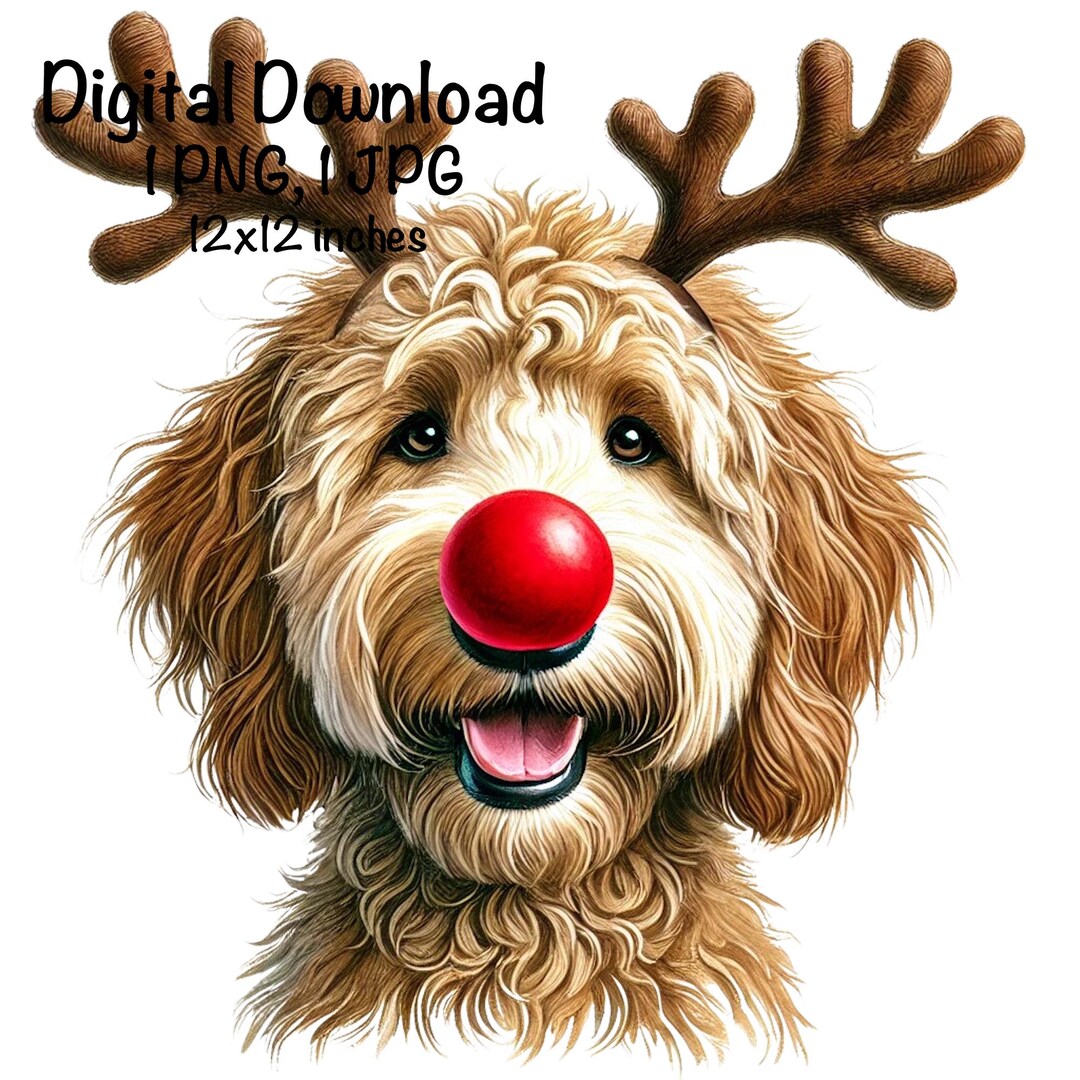 Christmas Goldendoodle PNG, Reindeer Antlers Red Nose Golden Doodle Dog ...