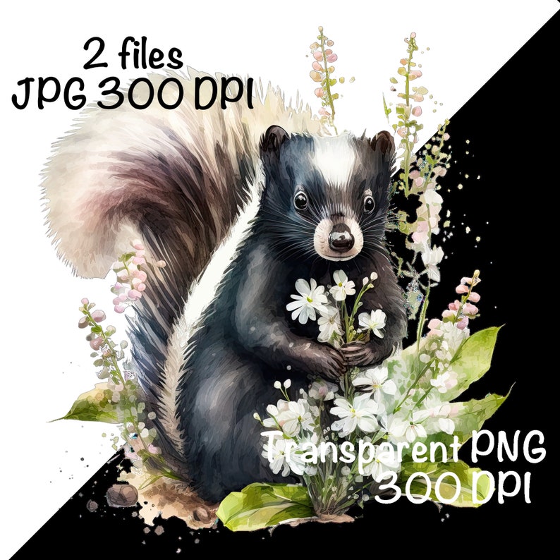 Cute Skunk Watercolor Clipart Skunk Flowers PNG Commercial Use - Etsy