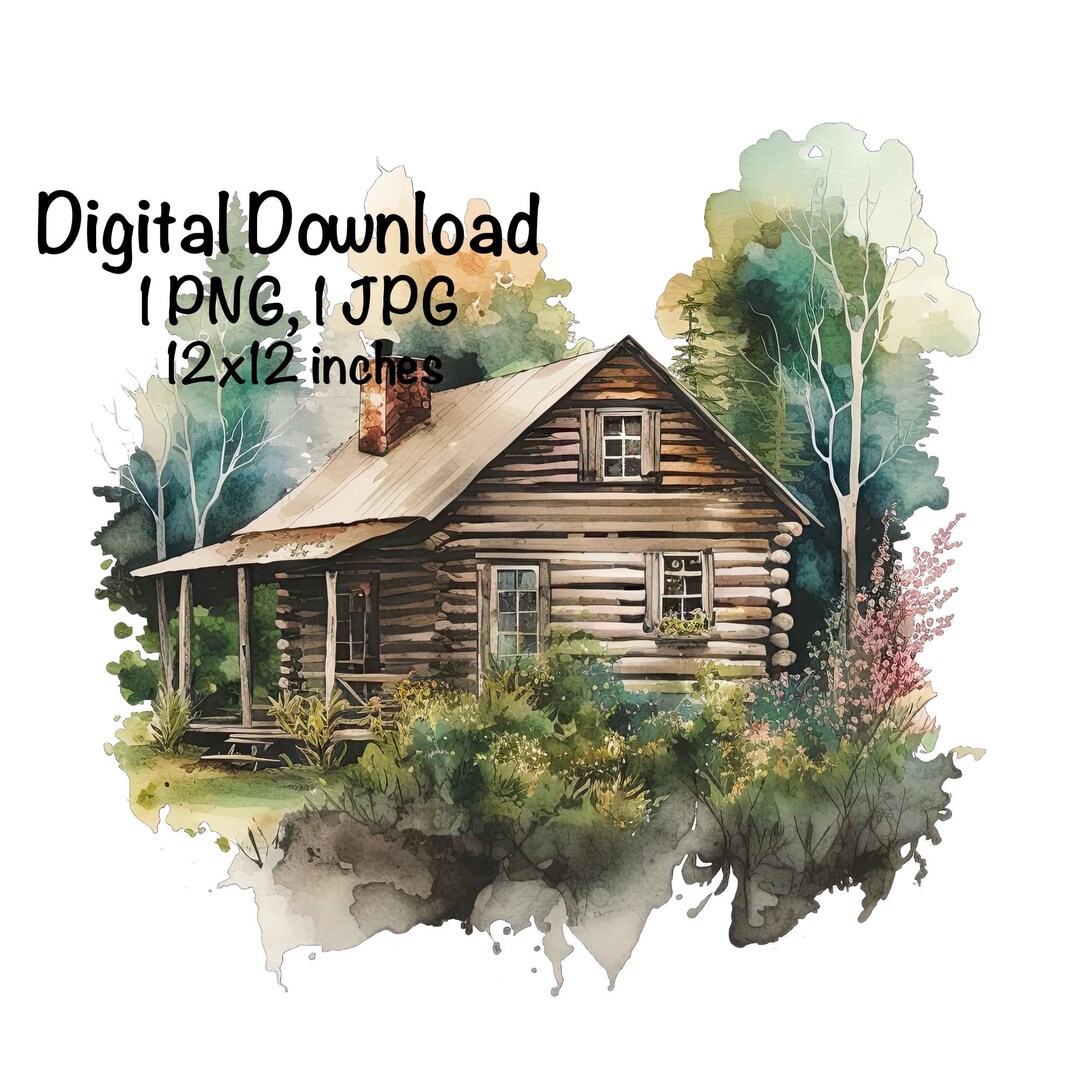 Rustic Old Log Cabin Watercolor Forest Boys Girls Clipart Wall Art ...