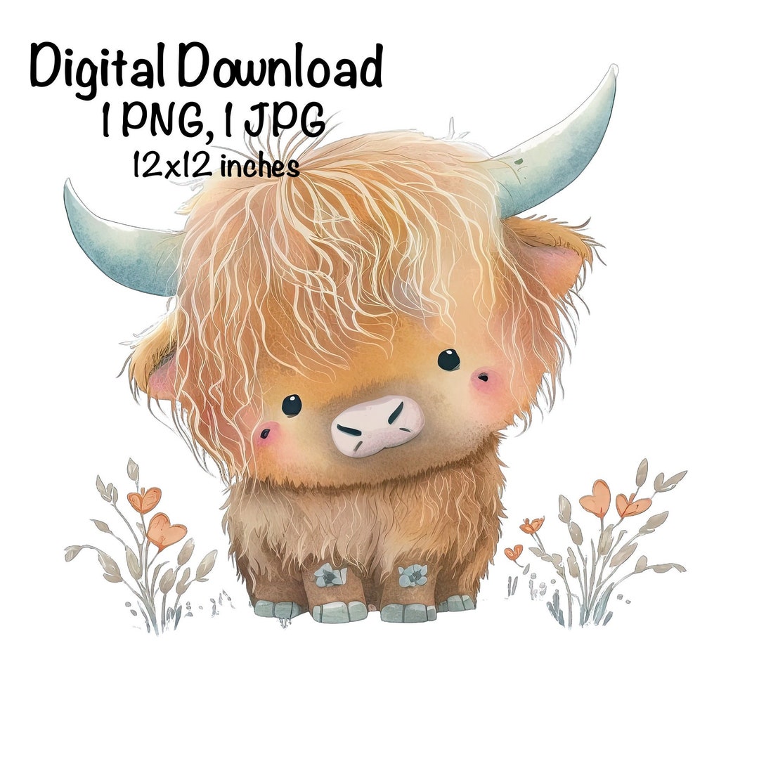 Cute Highland Cow Watercolor Clipart Highland Cow Hearts PNG Commercial ...
