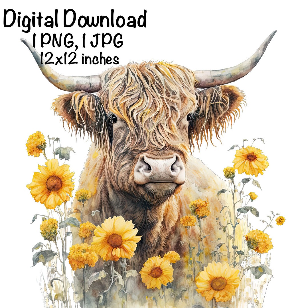 Highland Cow Watercolor Clipart Highland Cow Spring Yellow Flowers PNG ...
