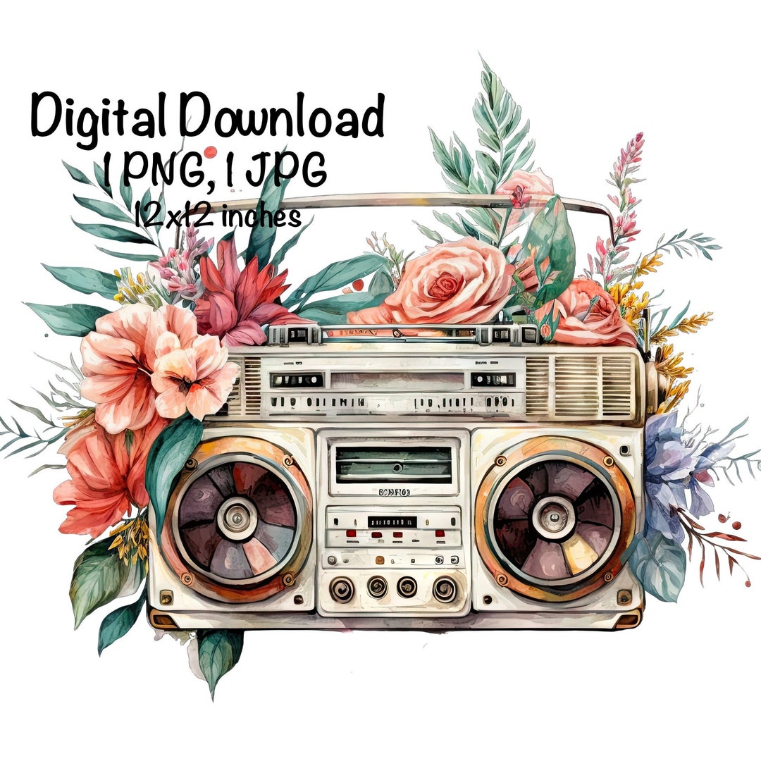 Retro Boombox Watercolor Clipart Floral Vintage Tape PNG Commercial Use ...