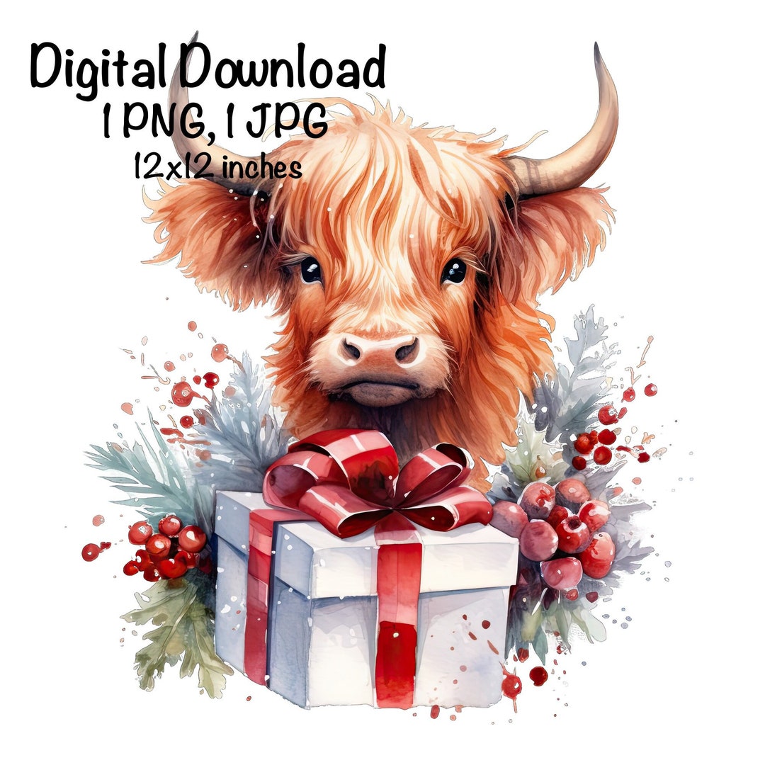 Highland Cow Watercolor Clipart Highland Cow Christmas Flowers Holiday ...