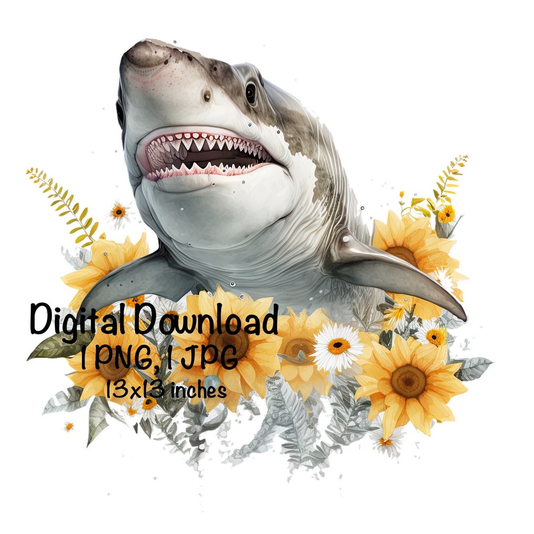 Great White Shark Watercolor Clipart Shark Sunflowers Flowers PNG ...