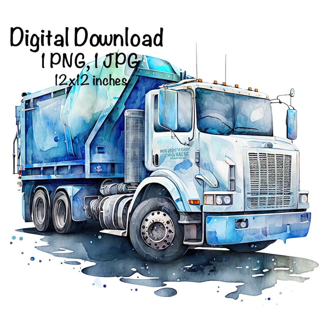 Recycling Truck Watercolor, Blue Garbage Trucks Boys Clipart Nursery ...