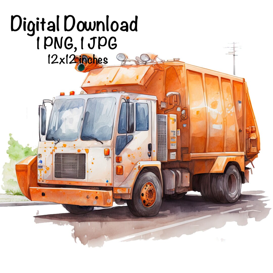 Recycling Truck Watercolor, Orange Garbage Trucks Boys Clipart Nursery ...