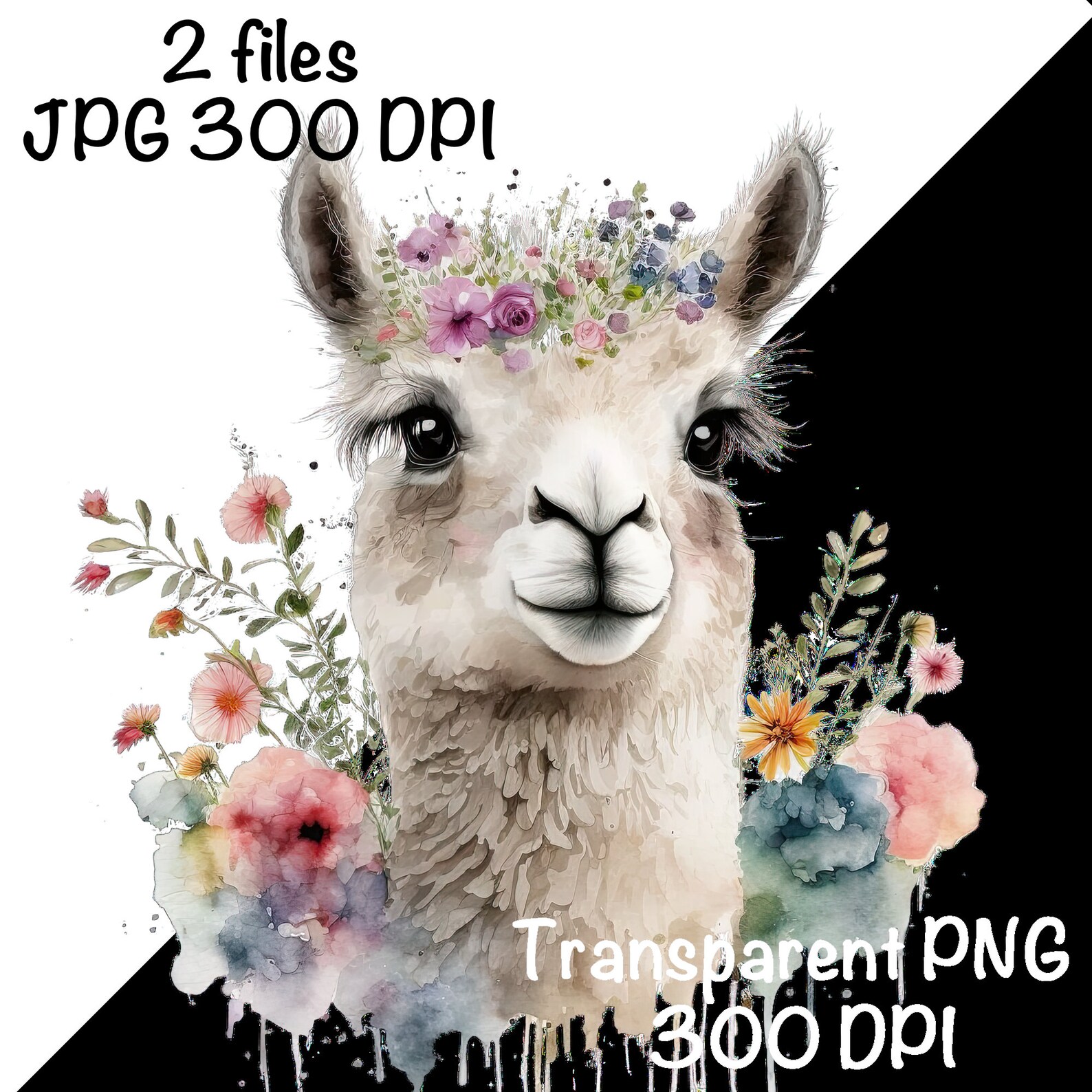 Llama Watercolor Clipart Farm Llama Spring Flowers PNG - Etsy