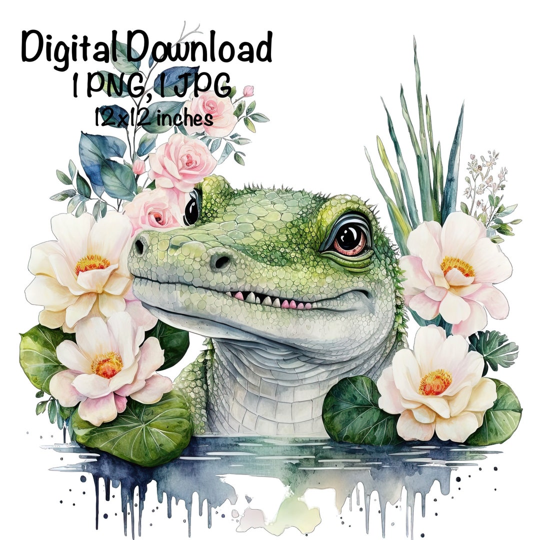Cute Alligator Clipart Alligator & Spring Flowers PNG Commercial Use ...