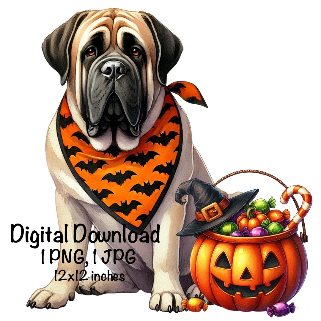 Halloween English Mastiff Dog Pumpkin Candy Bucket PNG | Haunting ...