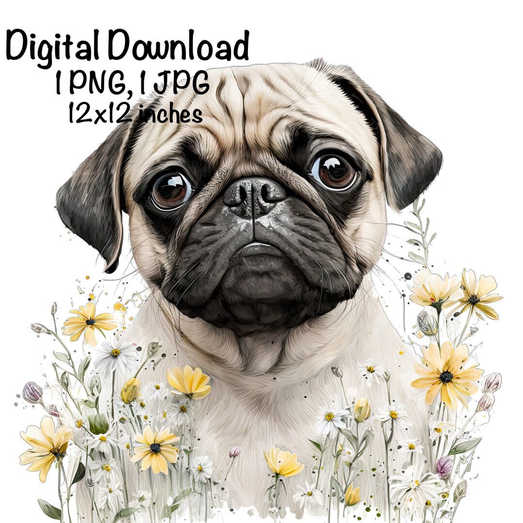 Pug Dog Watercolor Clipart Doodle Pug Dog Spring Daisy Flowers PNG ...