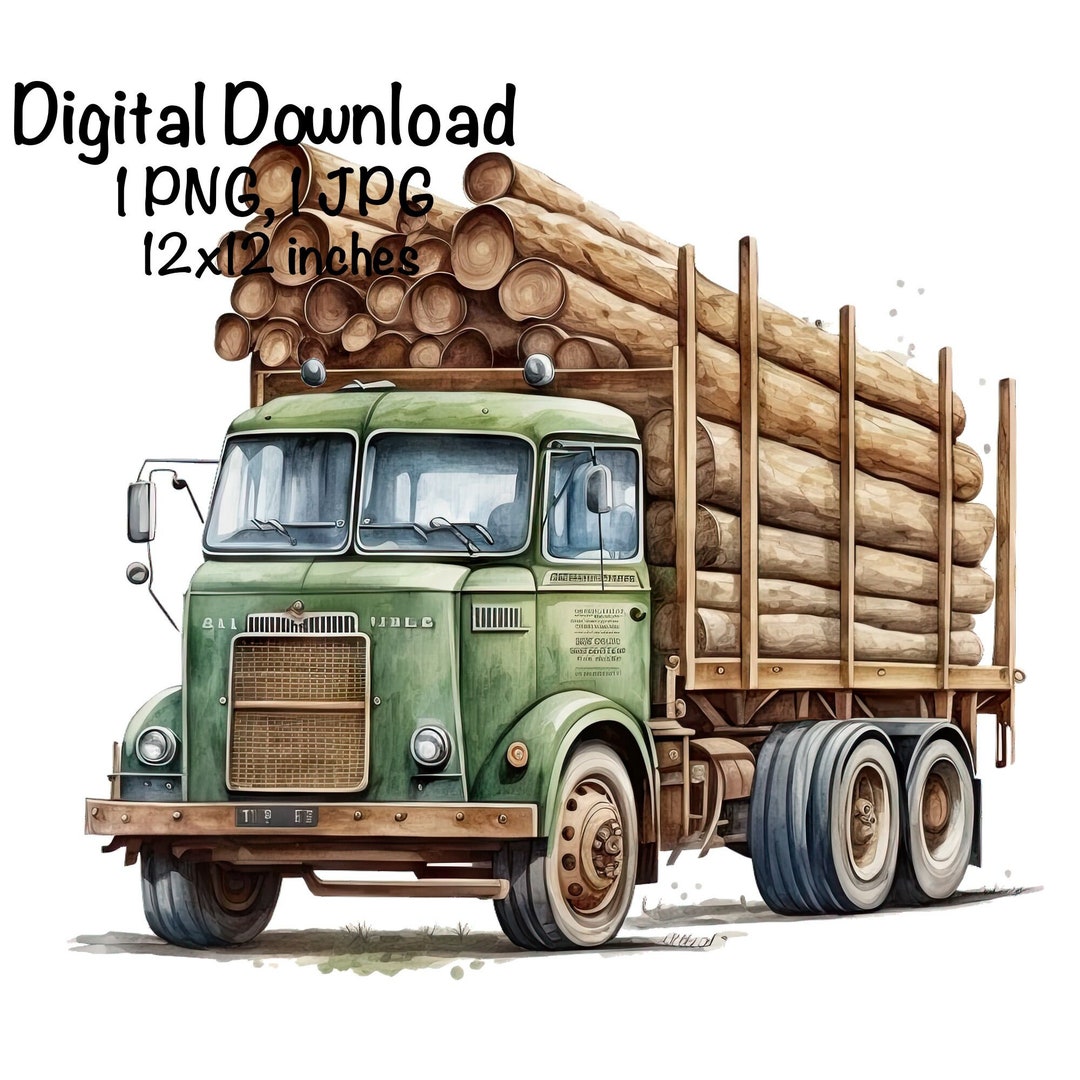 Logging Truck Watercolor Timber Lorry Trucks Boys Clipart Wall Décor ...