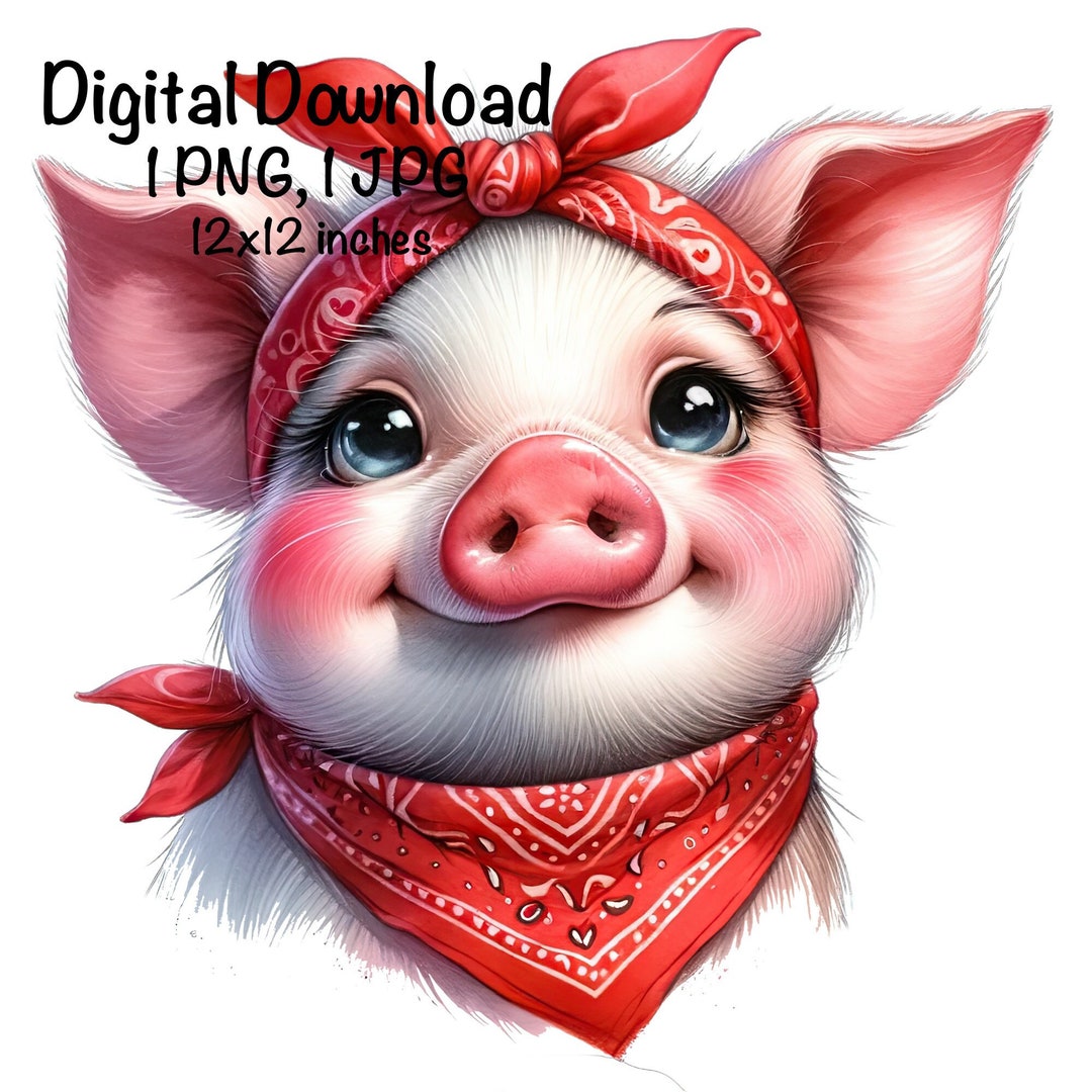 Farm Pig Watercolor Clipart Cute Farm Pig Red Bandana Baby Pig PNG ...
