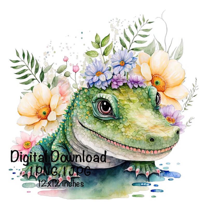 Cute Alligator Clipart Alligator & Spring Flowers PNG - Etsy