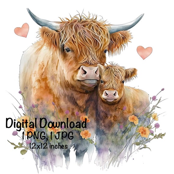 Mother And Baby Highland Cow Watercolor Clipart On White, 44% OFF