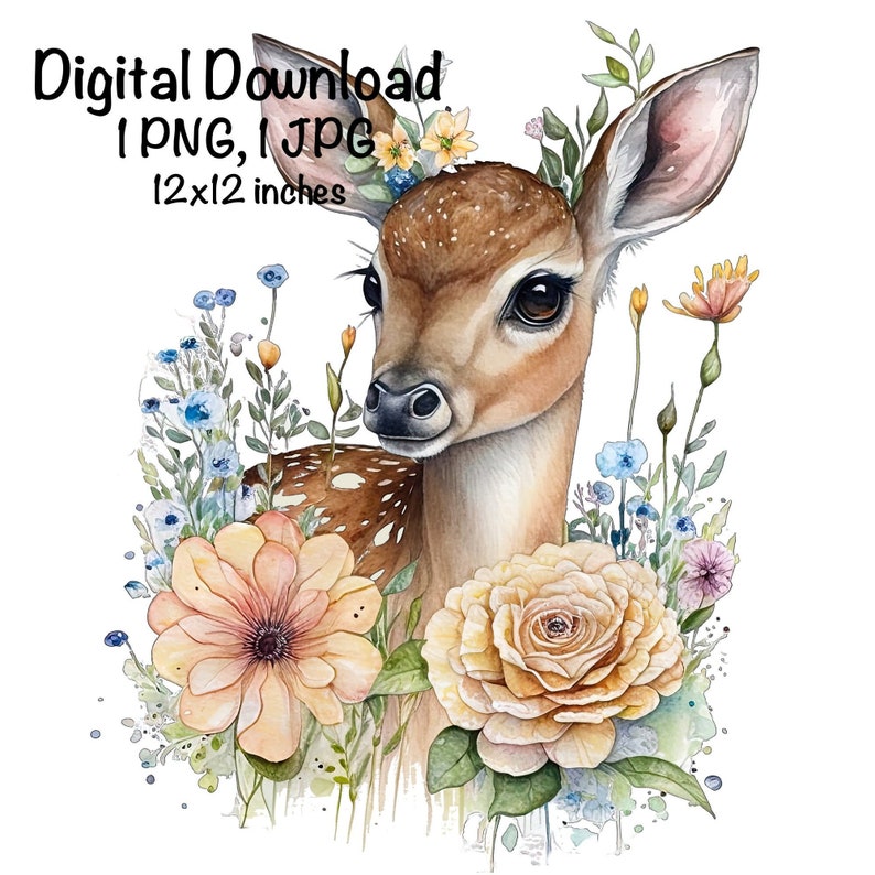 Cute Deer Watercolor Clipart Wild Baby Deer Spring Flowers PNG - Etsy