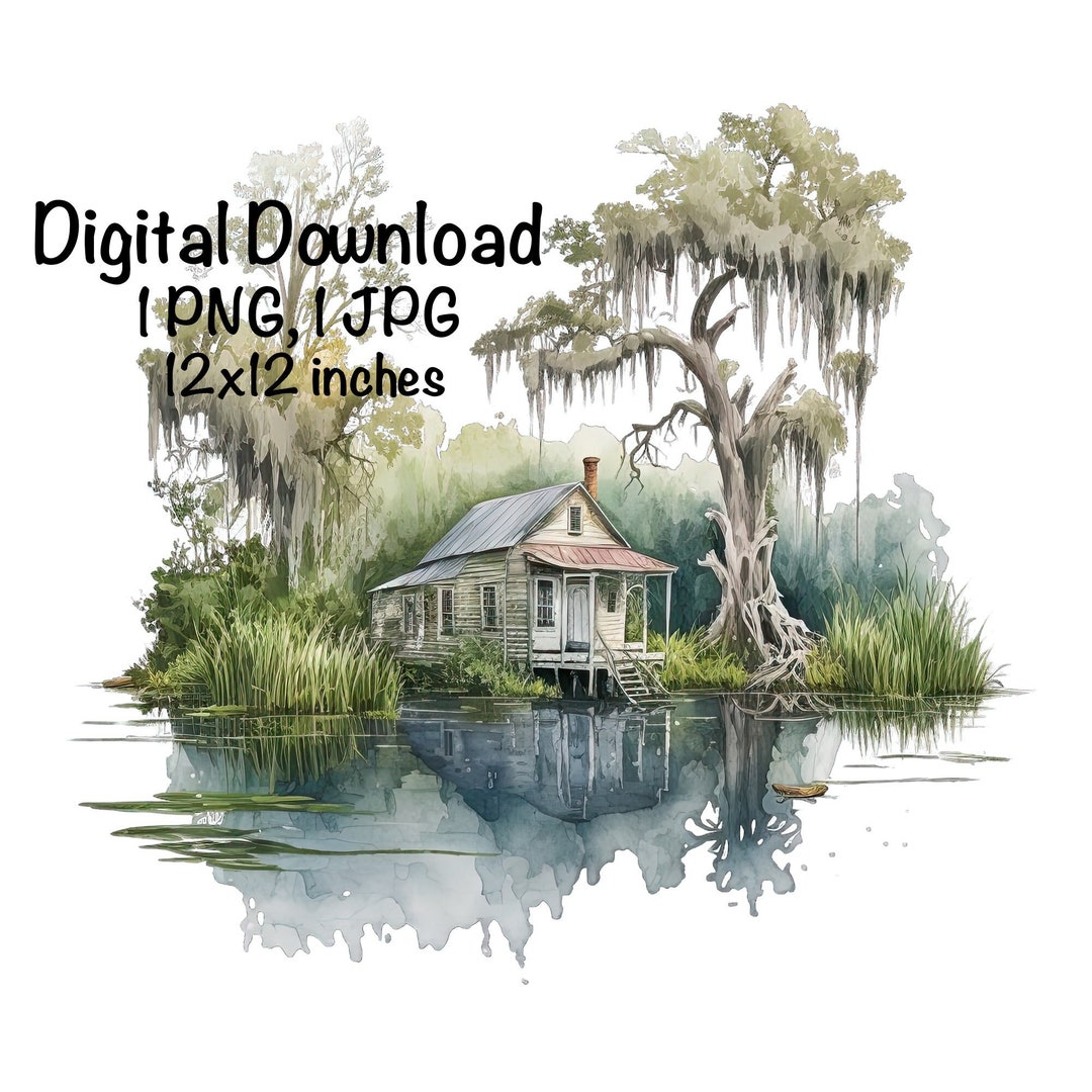 Old Shack on the Bayou Watercolor Swamp Boys Girls Clipart Wall Art ...