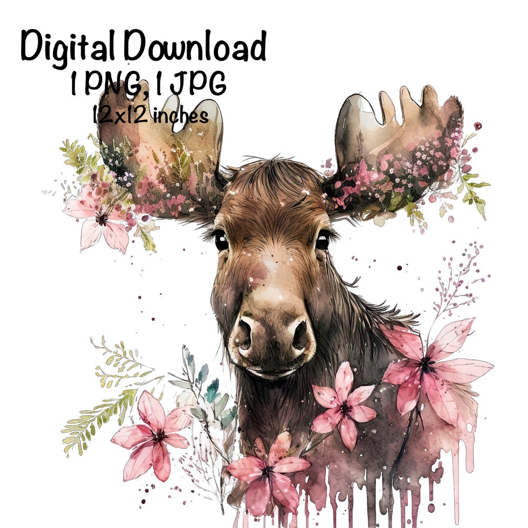 Cute Moose & Spring Flowers PNG Commercial Use Moose Graphic Elk PNG ...