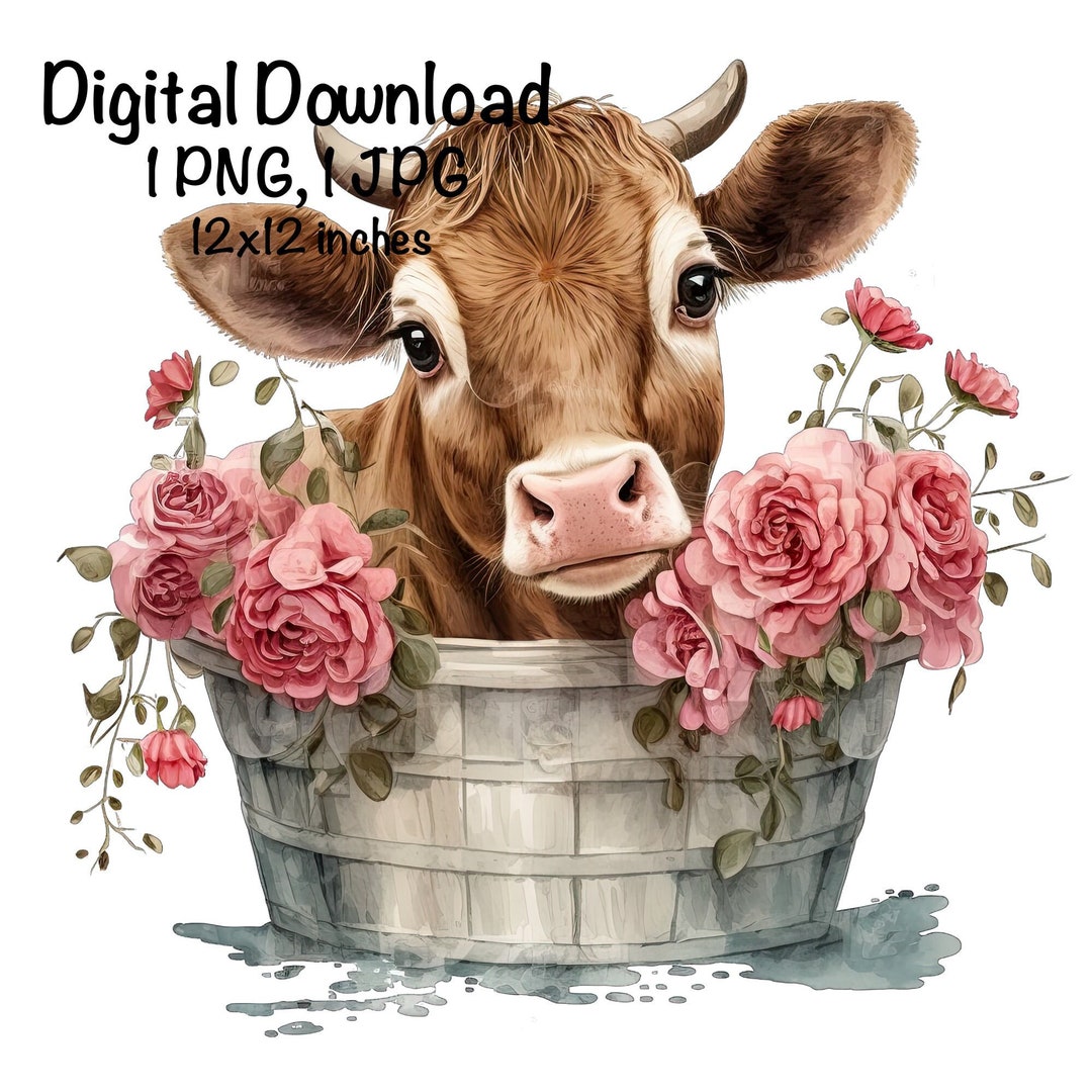Dairy Cow Watercolor Clipart Cute Milk Jersey Cow in a Basket Baby Cow ...