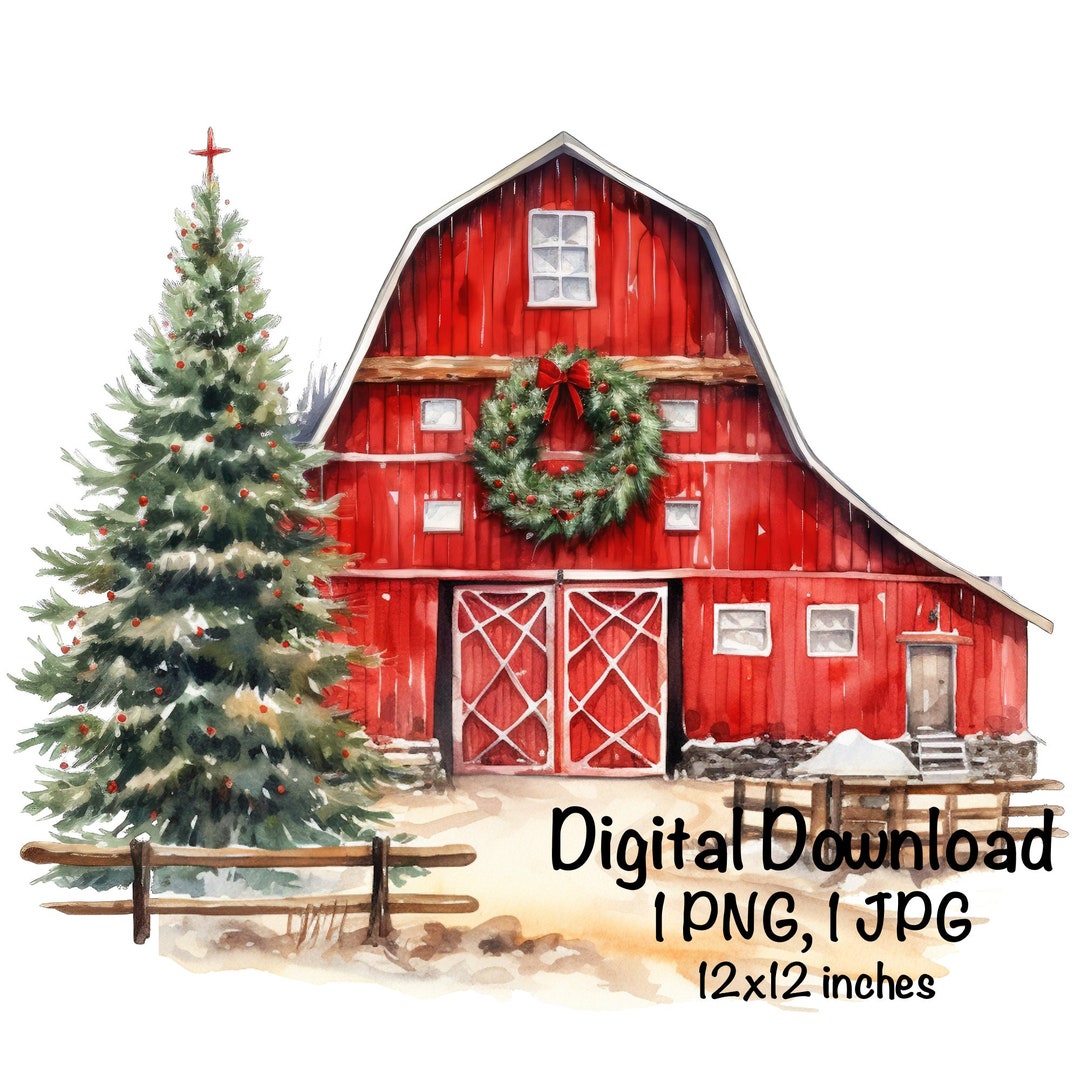 Christmas Old Barn Watercolor Farm Barn Winter Snow Clipart Wall Art ...