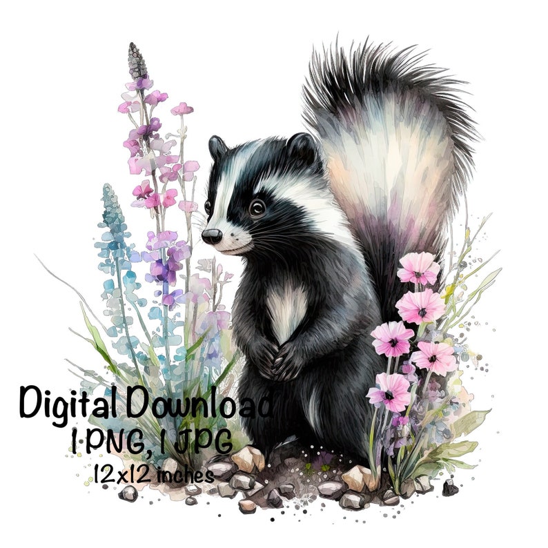 Cute Skunk Watercolor Clipart Skunk Flowers PNG Commercial Use - Etsy