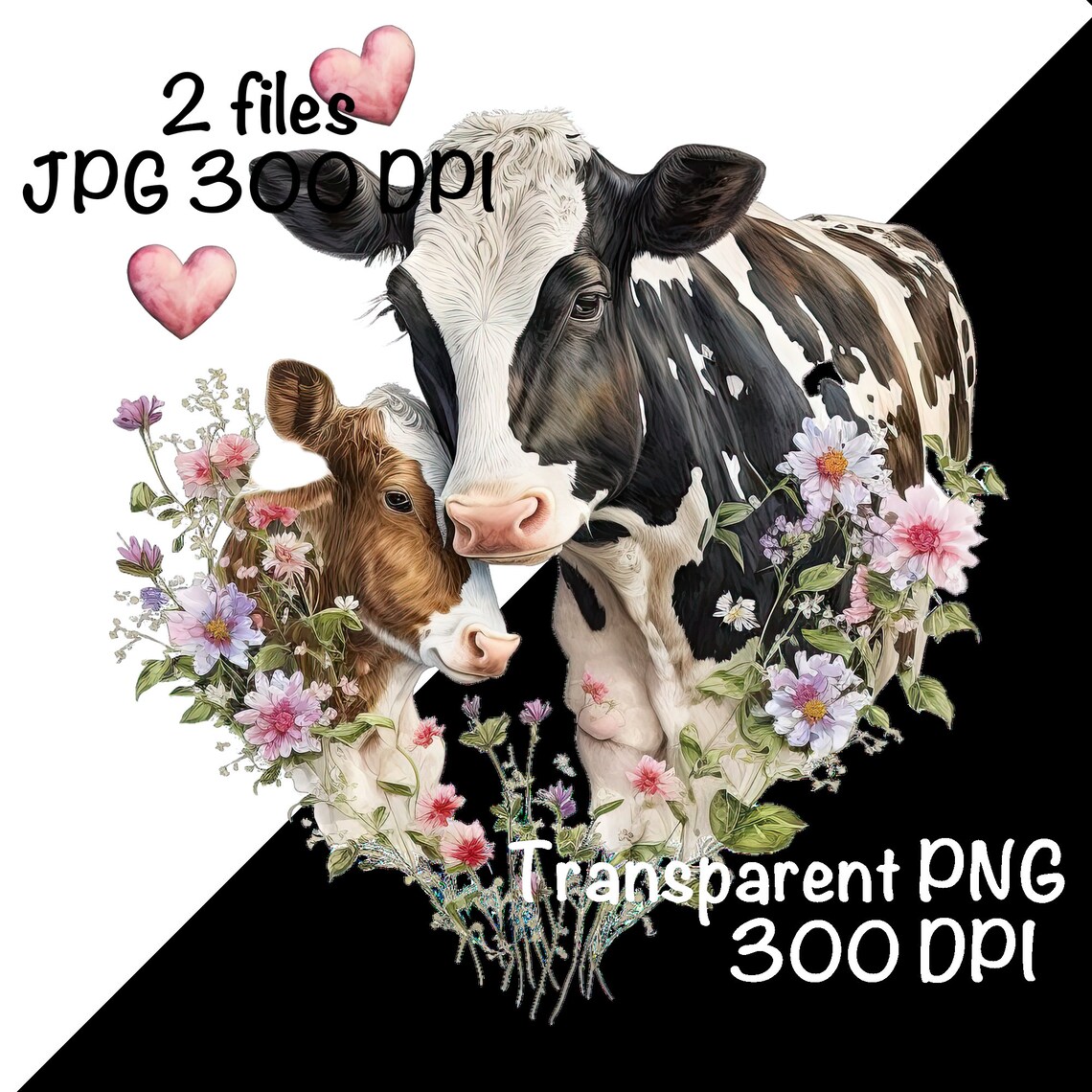 Dairy Cow & Calf Watercolor Clipart Farm Milk Cattle Flowers Mother ...