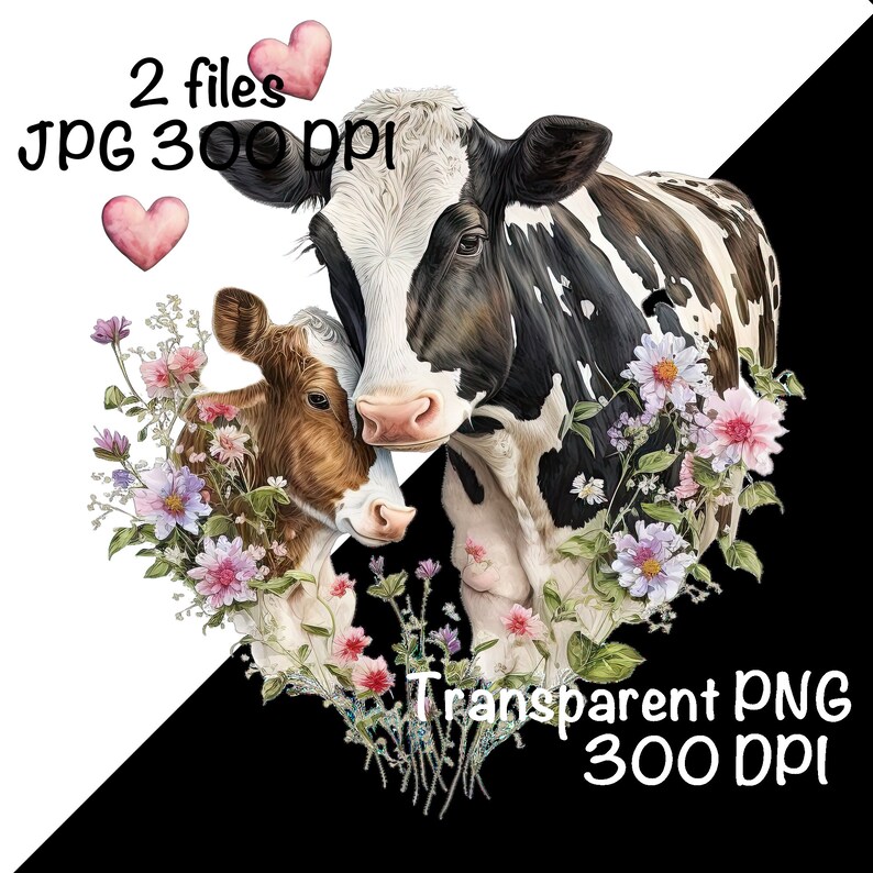 Dairy Cow & Calf Watercolor Clipart Farm Milk Cattle Flowers - Etsy