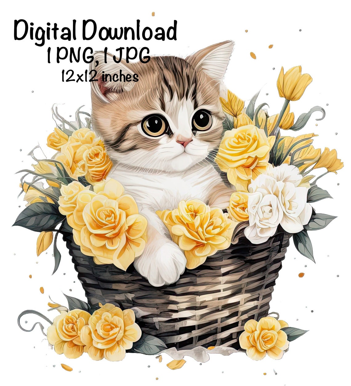 Cute Cat Watercolor Clipart Cute Cat in a Basket Roses Flowers - Etsy