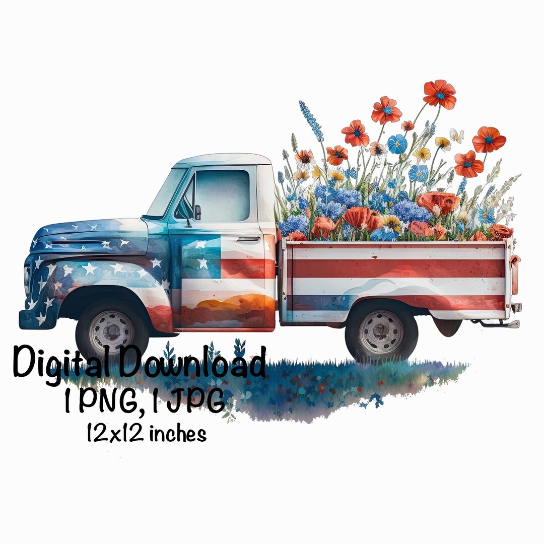 Patriotic Old Farm Truck Watercolor Flag Farm Clipart American Farm ...