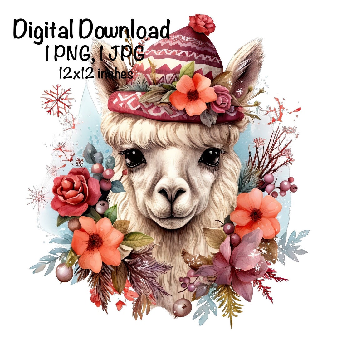 Christmas Llama Watercolor Clipart Winter Llama Christmas Flowers ...