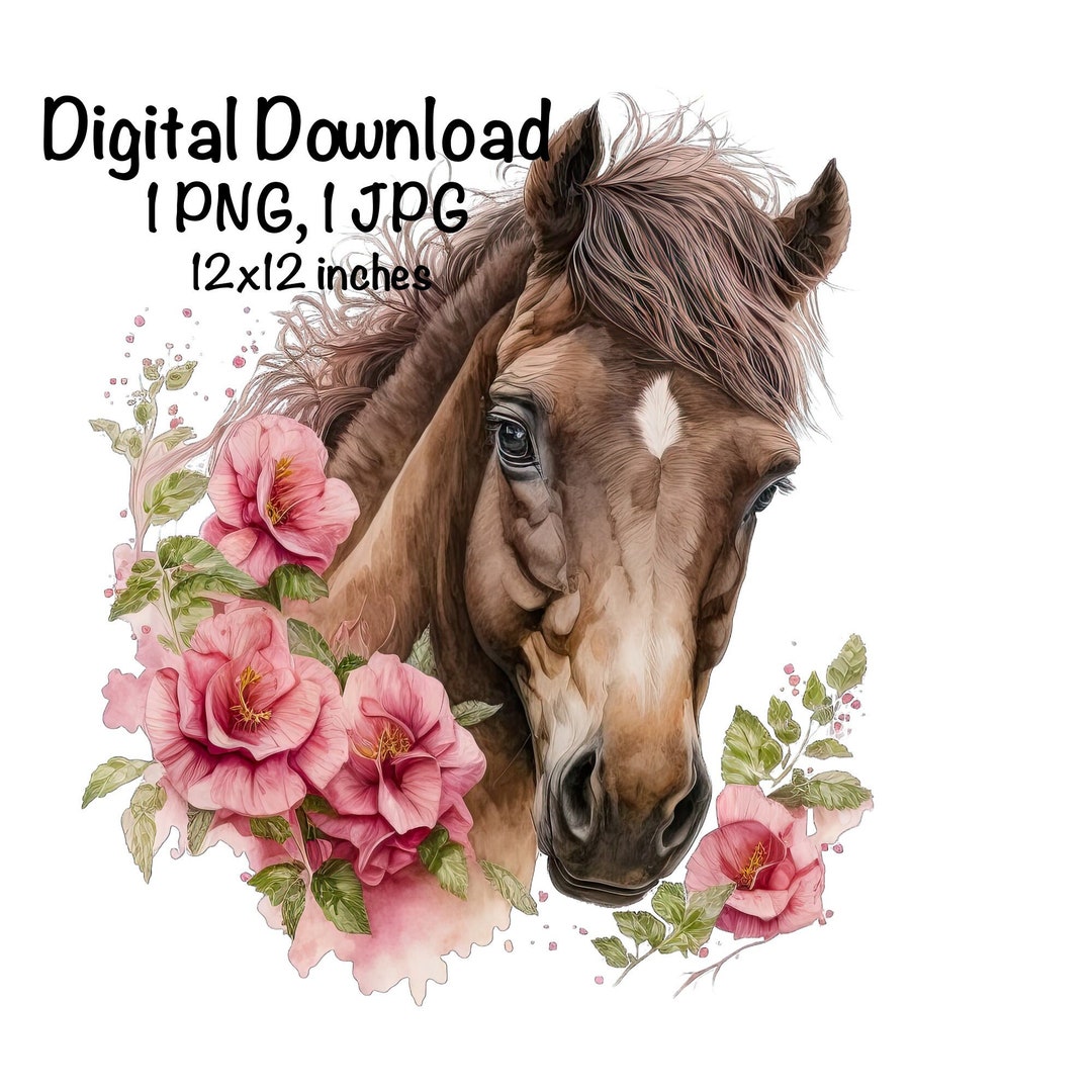 Horse Watercolor Clipart Horse Pink Flowers PNG Commercial Use Farm ...