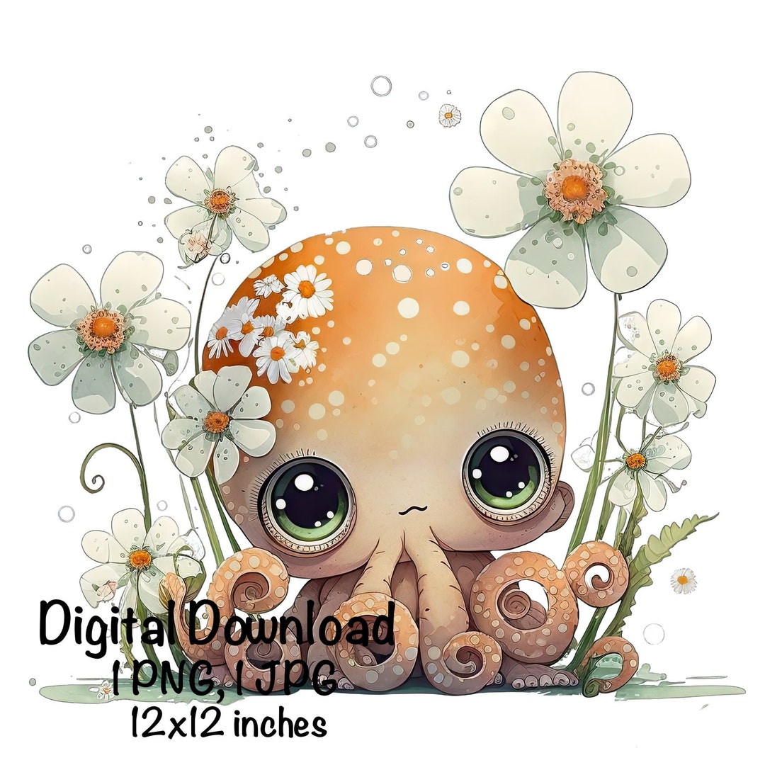 Cute Octopus Watercolor Clipart Ocean Sea Animals Spring Flowers PNG ...