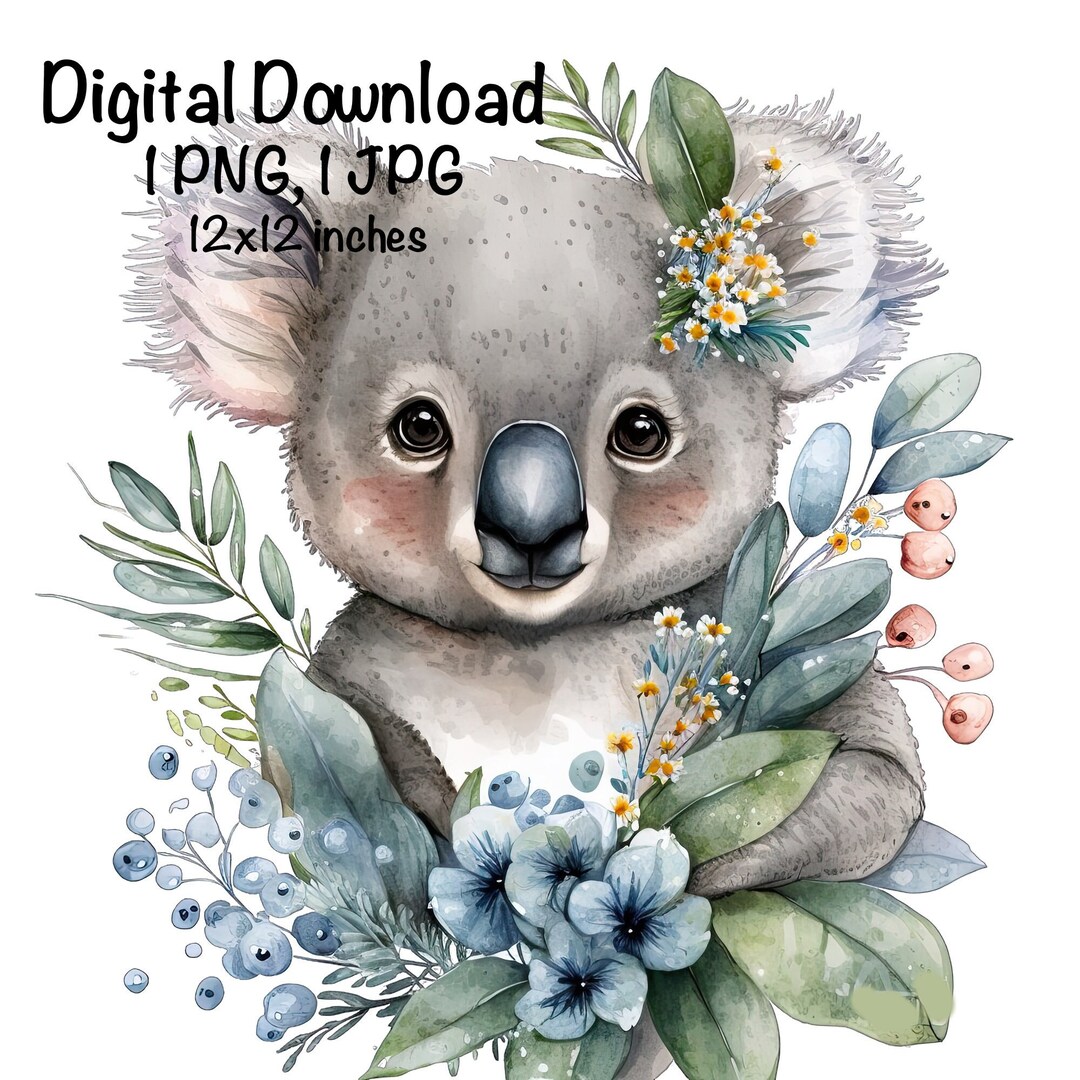 Koala Watercolor Clipart Koala Bear Spring Daisy Flowers PNG Commercial ...