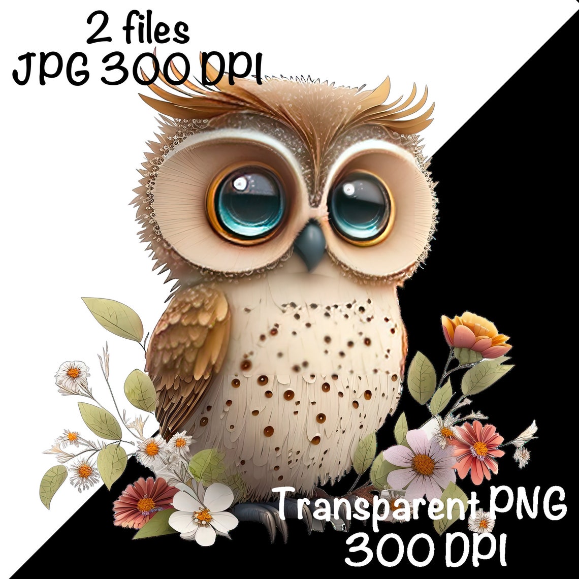 Owl Watercolor Clipart Night Owl Flowers Glitter PNG - Etsy