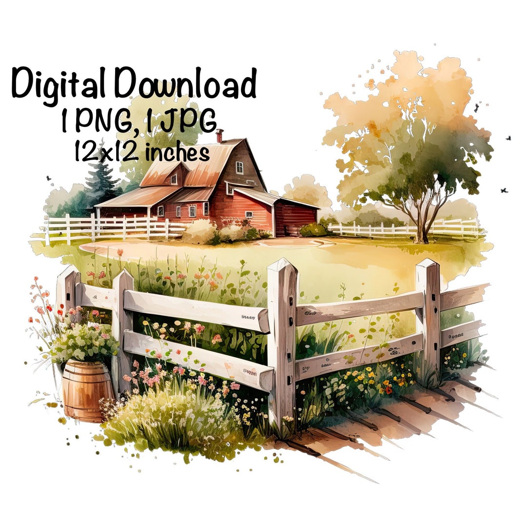 Farm Pen Watercolor Farm Farmhouse Barn Fence Clipart Wall Art Horse ...