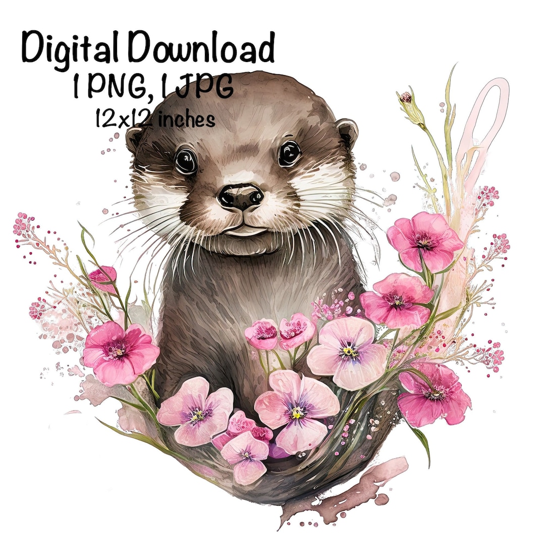Sea Otter Watercolor Clipart Otter Spring Daisy Flowers PNG Commercial ...