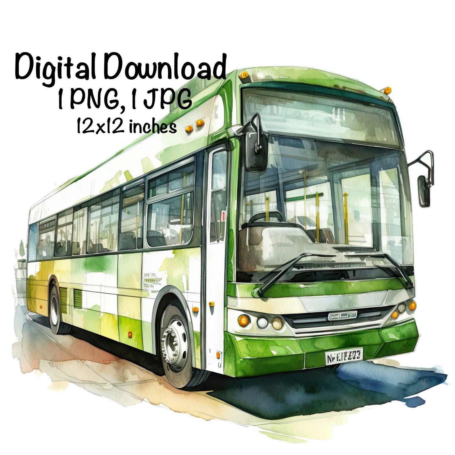 Green Bus Watercolor, Public Transportation Clipart Wall Art Road Bus ...