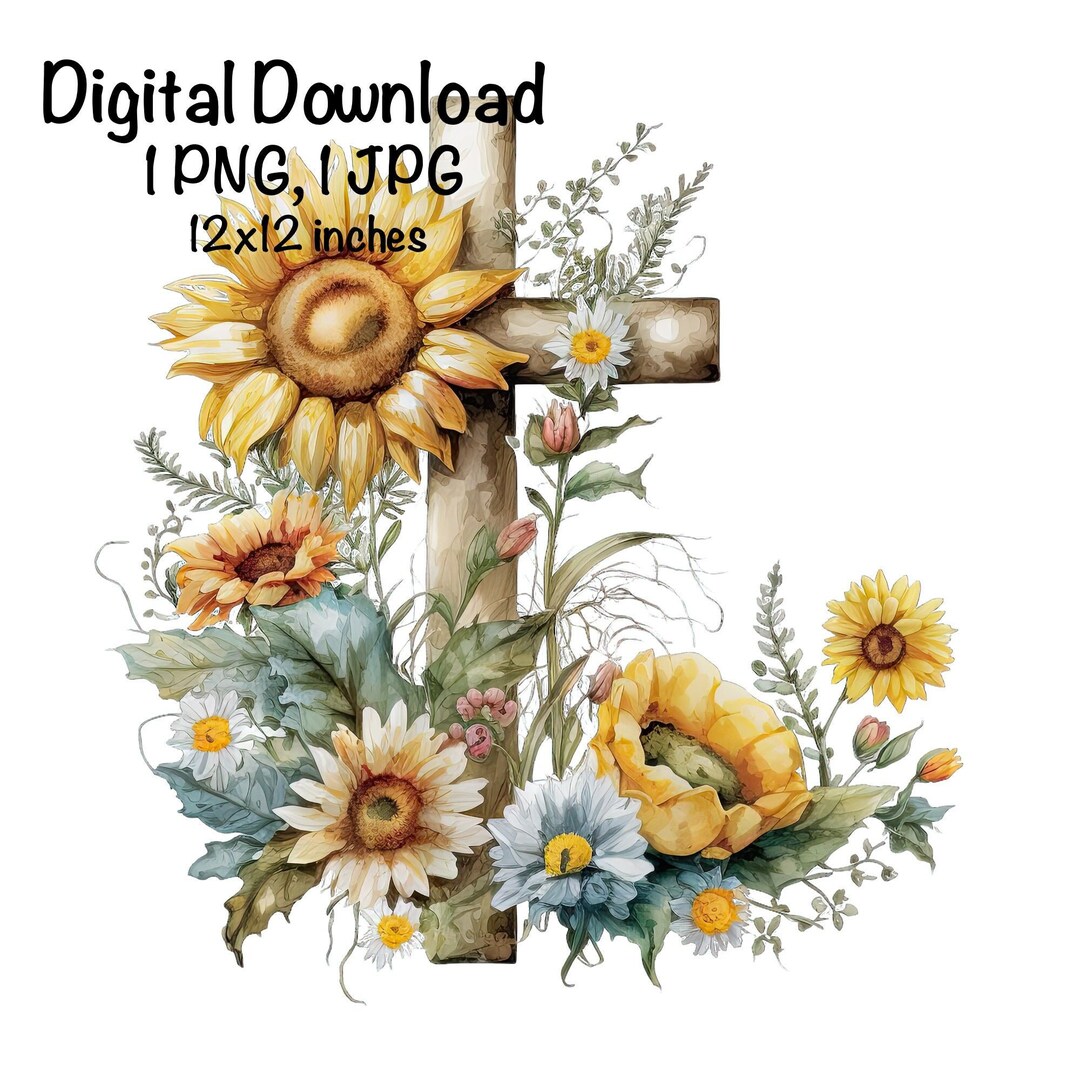 Sunflowers Cross Watercolor Floral Cross Clipart Easter Sublimation ...