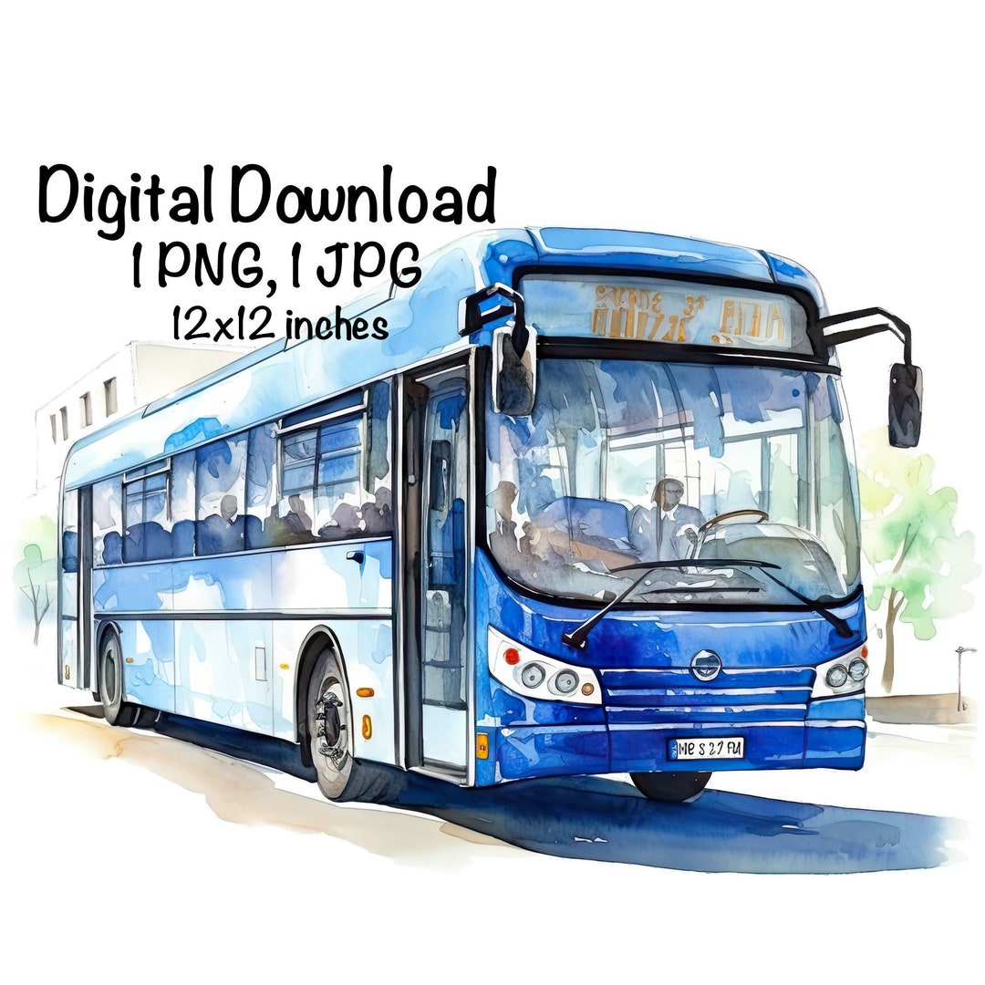 Blue Bus Watercolor, Public Transportation Clipart Wall Art Road Bus ...