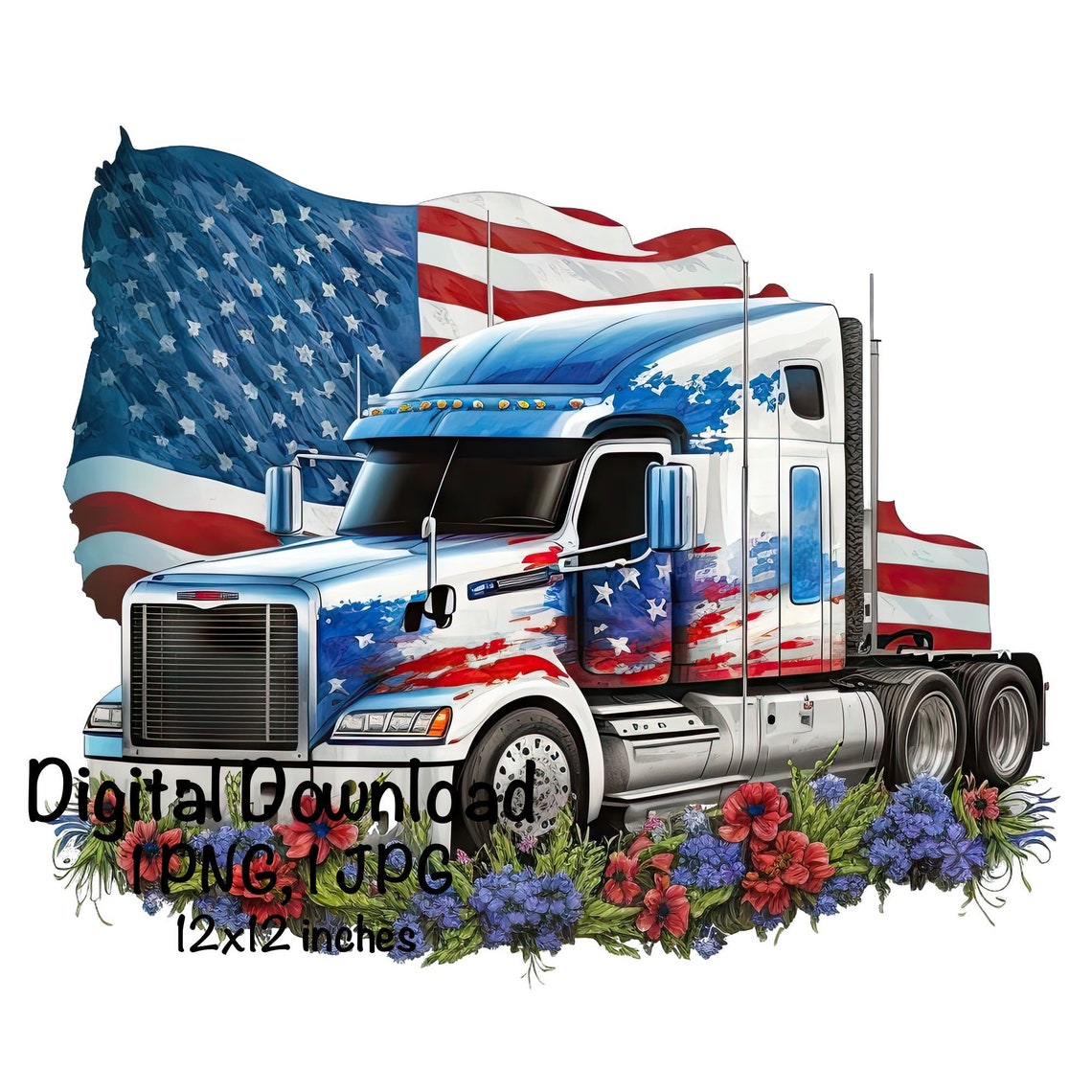 Semi Truck Watercolor Flat Bed US Flag Trucks Flowers Clipart - Etsy