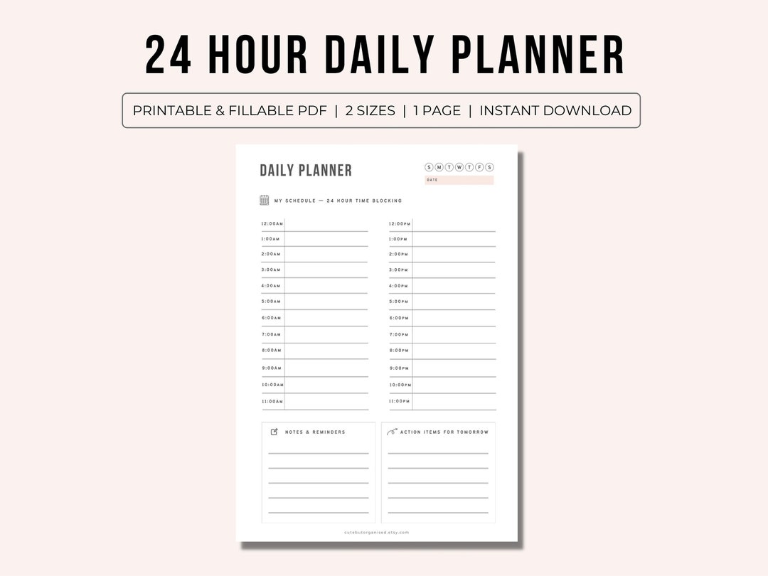 24 Hour Daily Planner Printable | Daily Schedule - 24 Hour Time ...