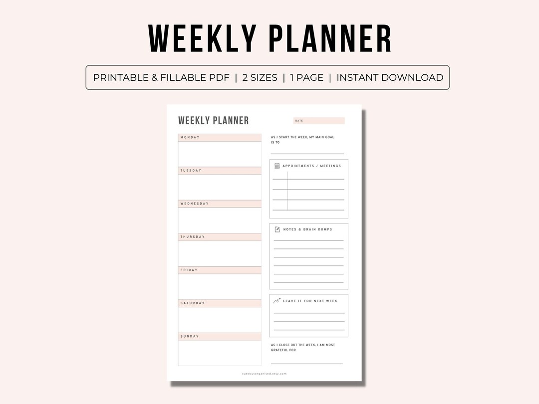 Weekly Planner Printable | Weekly Planner Fillable PDF | Undated Weekly ...