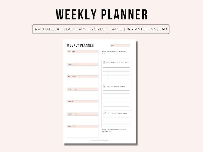 Weekly Planner Printable | Weekly Planner Fillable PDF | Undated Weekly ...