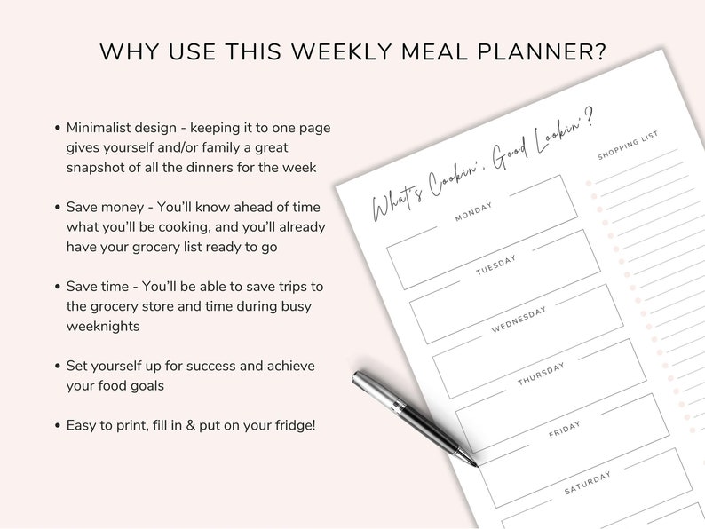 Weekly Meal Planner With Grocery List Printable | Dinner Planner | 7 ...