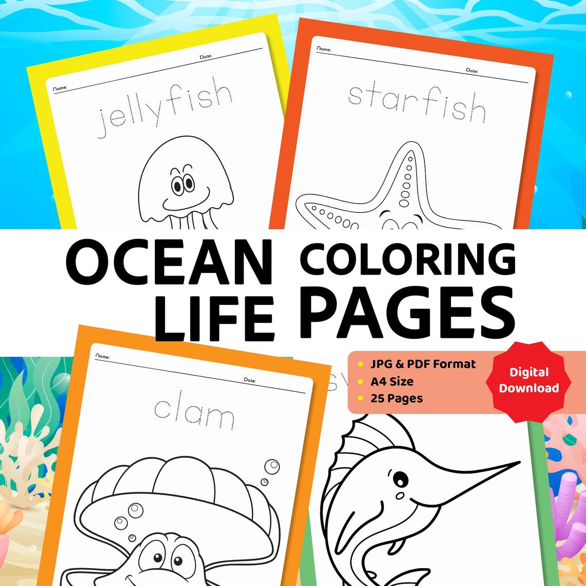 Ocean Life Coloring Pages: Preschool Printable Activity PDF - Etsy