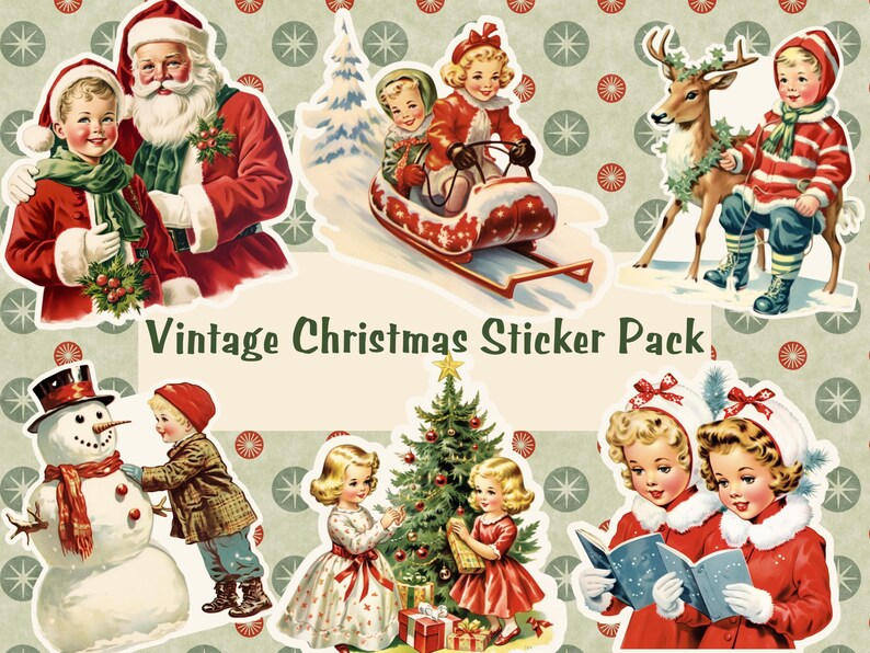 Vintage Christmas Sticker Pack, Retro Christmas Stickers, Mid Century ...