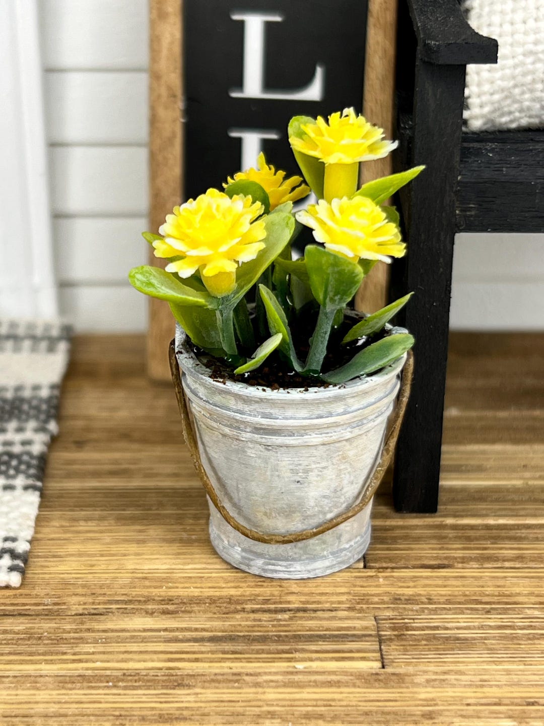 1:12 Scale Miniature Planter – Galvanized Bucket With Potted Flowers ...