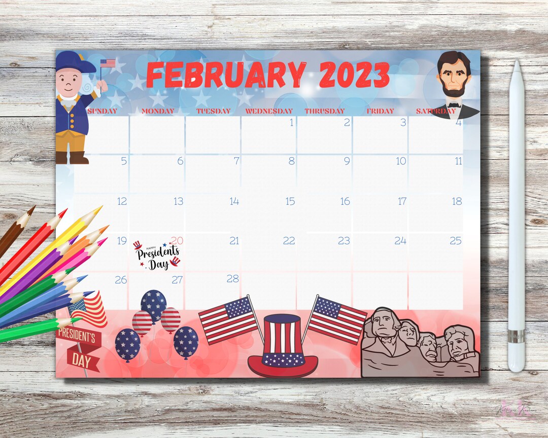 Presidents Day Themed February 2023 Monthly Calendar, Red White & Blue ...