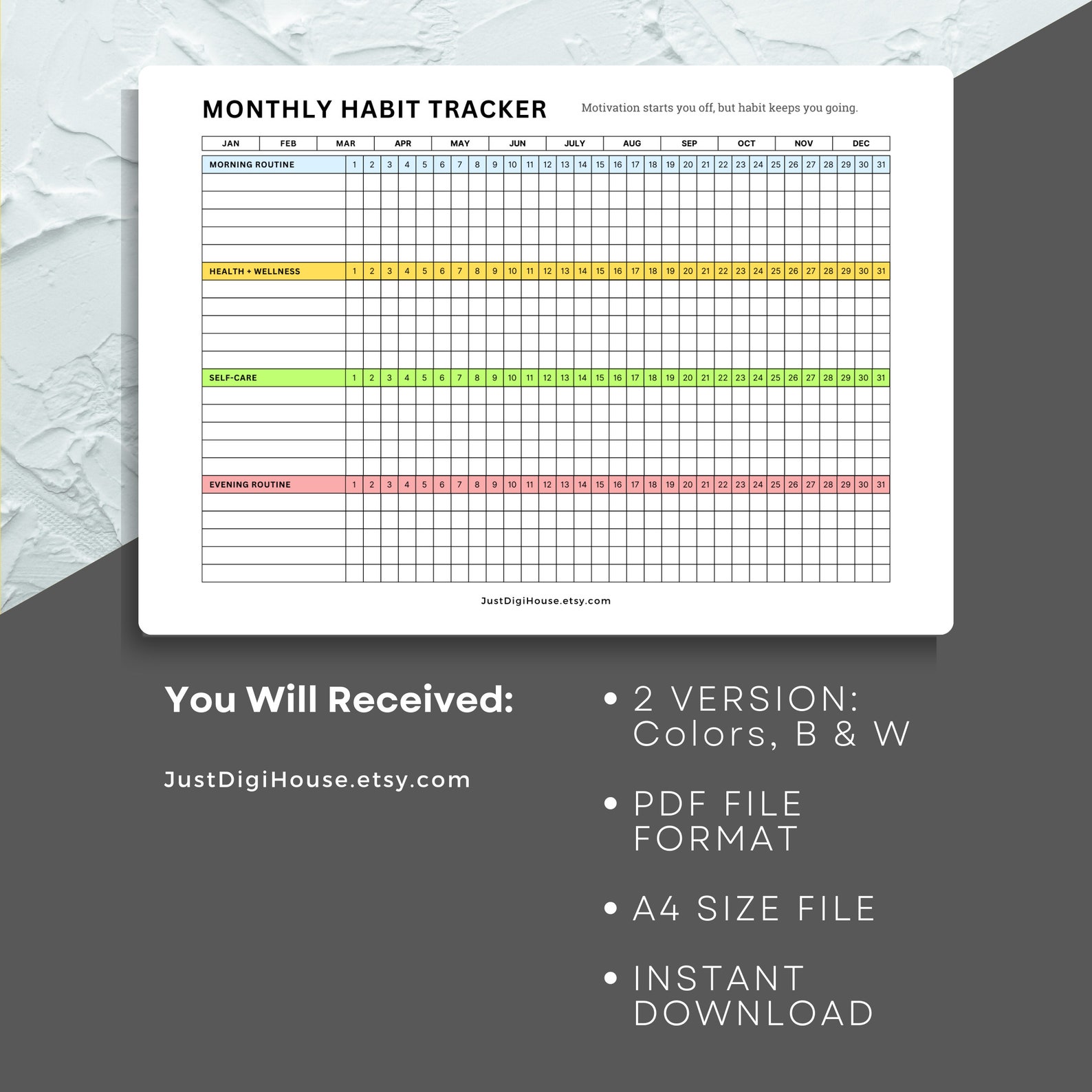 Monthly Habit Tracker Printable - 2 Versions | Health and Wellness ...