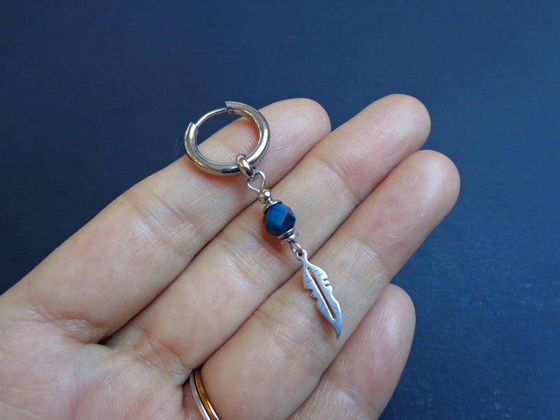 Dainty Feather & Blue Tiger Eye Mono Earring: Stainless Steel Hoop ...