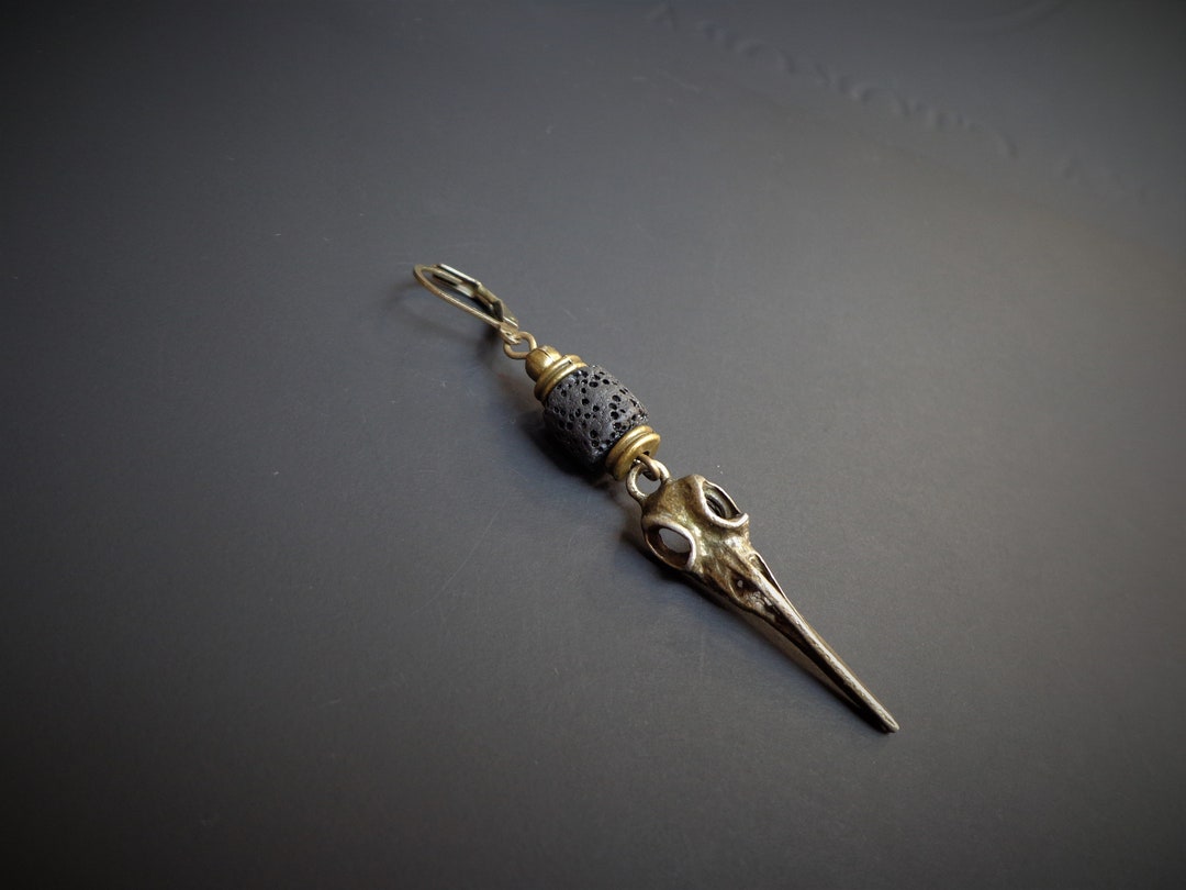 Brass Raven Skull Earring: Lava Stone Boho Dangle Single Earring for ...